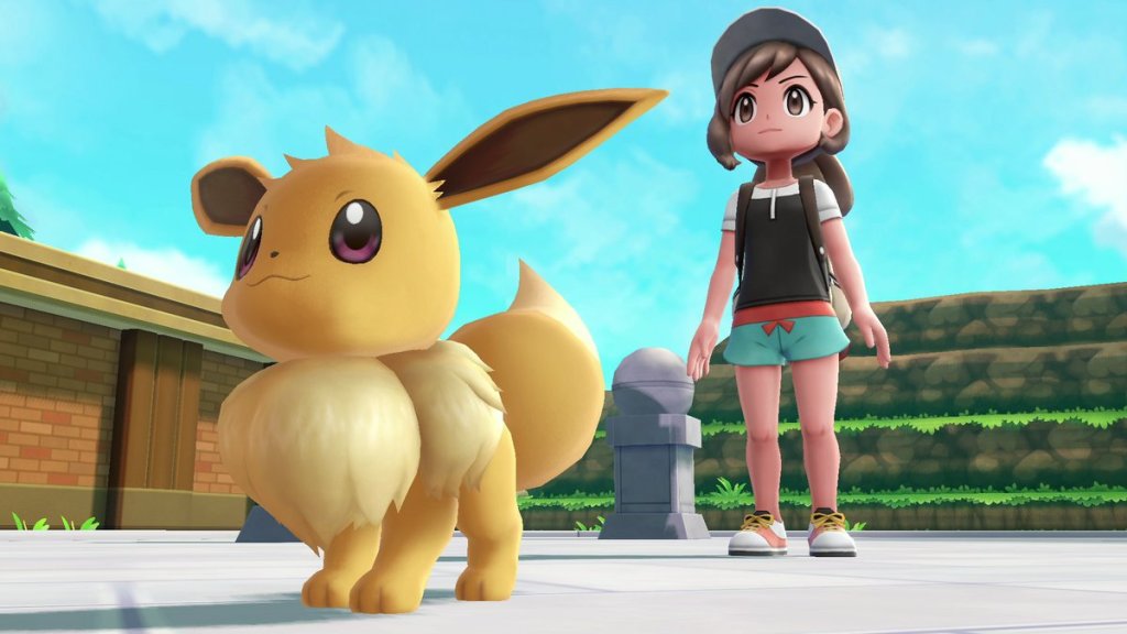Official screenshot of female Trainer standing alongside Eevee partner ...