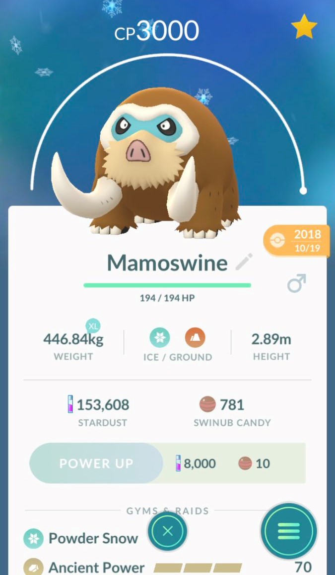 Pokémon GO screenshot of Mamoswine with the Community Day exclusive ...
