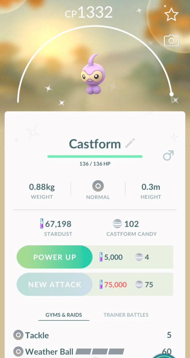 Pokémon GO screenshot of Shiny Castform with the new move Weather Ball ...